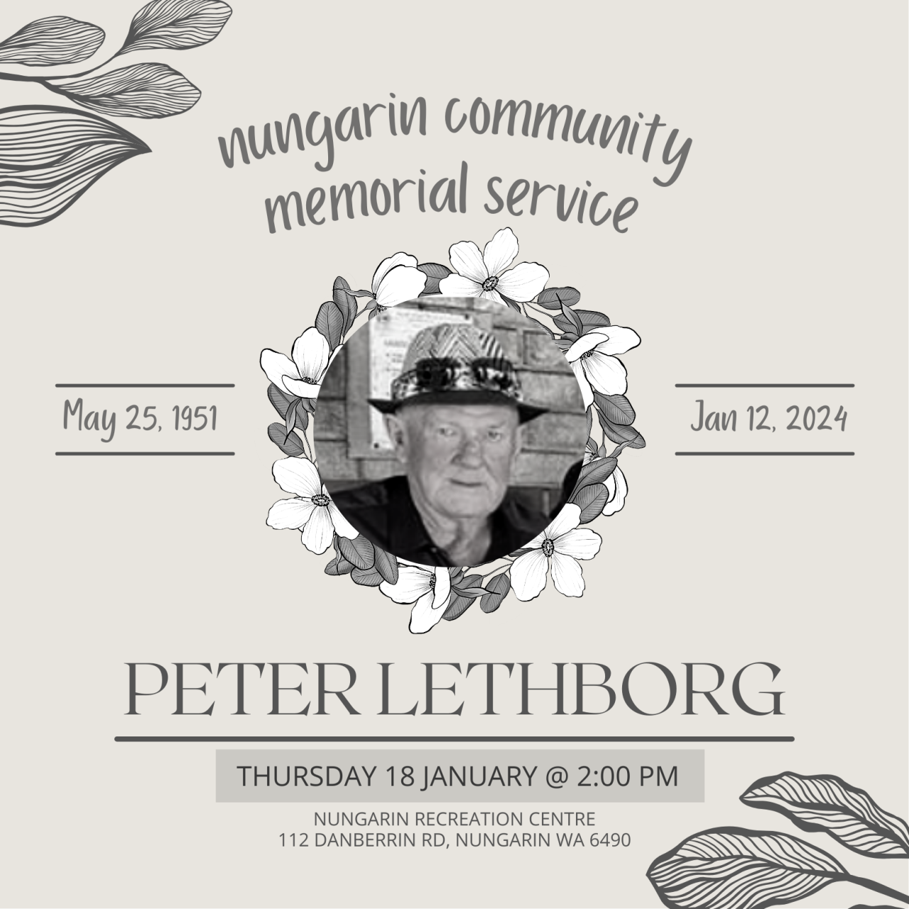 News Story - Peter Lethborg Memorial Service 18 January 2024 » Shire of ...